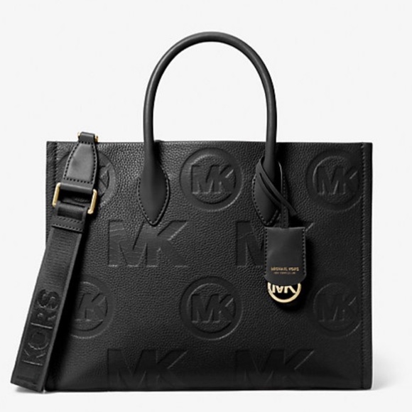Michael Kors | Bags | Michael Kors Black Mirella Medium Logo Embossed Pebbled Leather Tote Bag ...